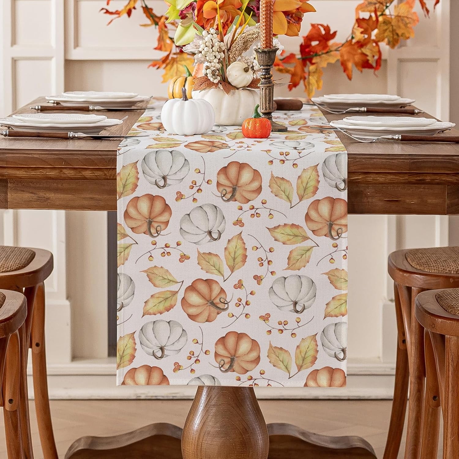 Fall Table Runner 13 x 48 Inch, Orange Pumpkin Dining Table Seasonal ...