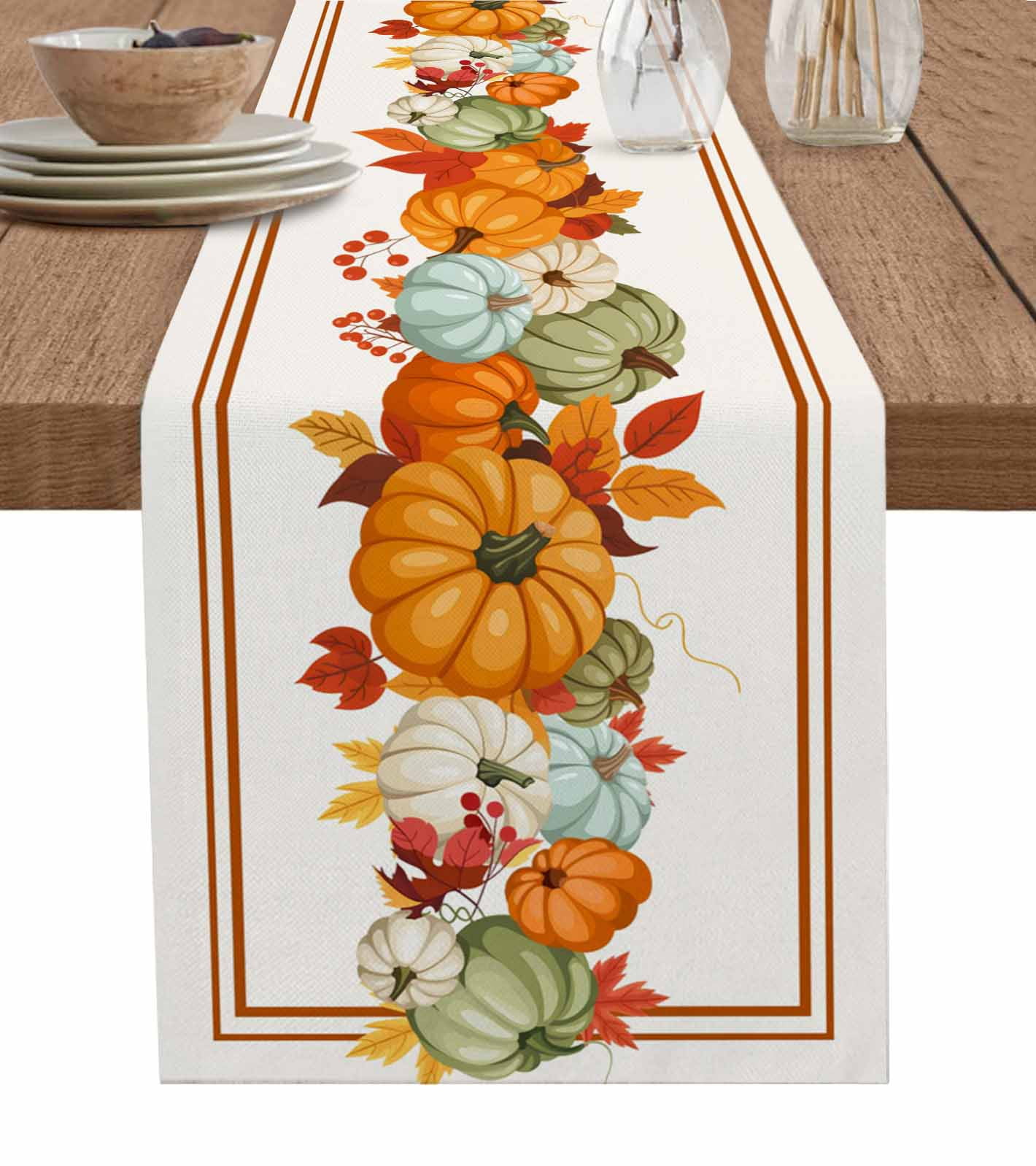 Fall Table Runner 72 Inches, Orange Blue Pumpkins Thanksgiving Autumn ...