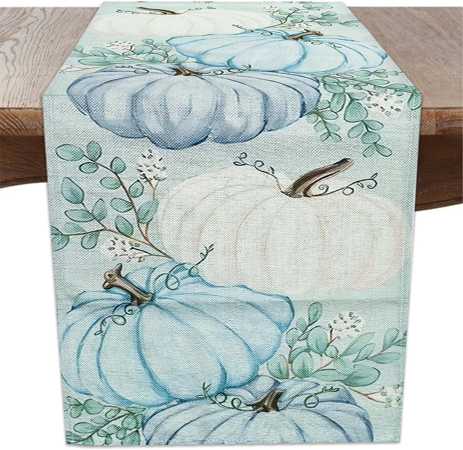 Fall Table Runner | Autumn Blue Pumpkins Eucalyptus Leave Kitchen ...