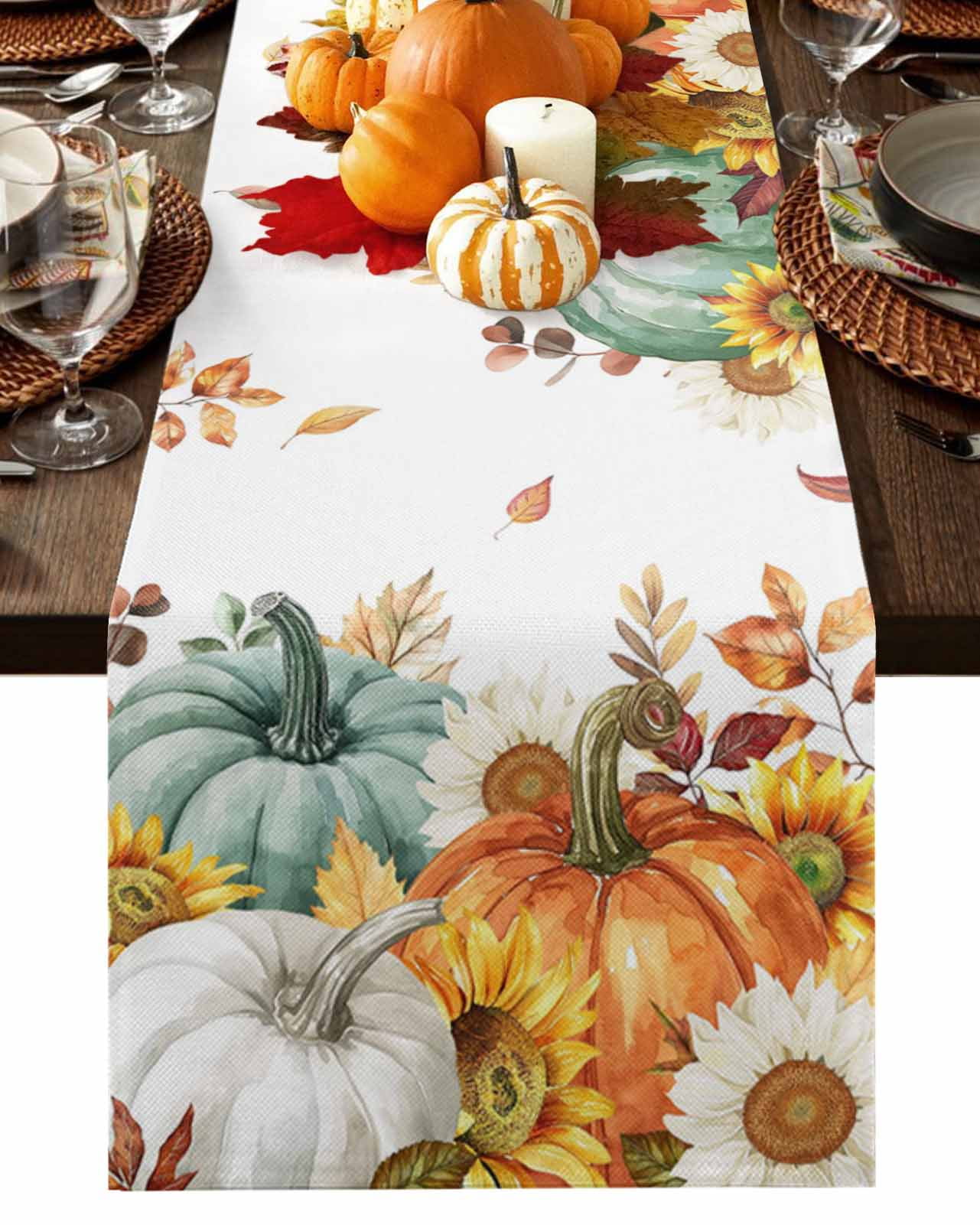 Fall Table Runner Thanksgiving Autumn Leaves Sunflower Table Runners Green White Pumpkin Cotton ...