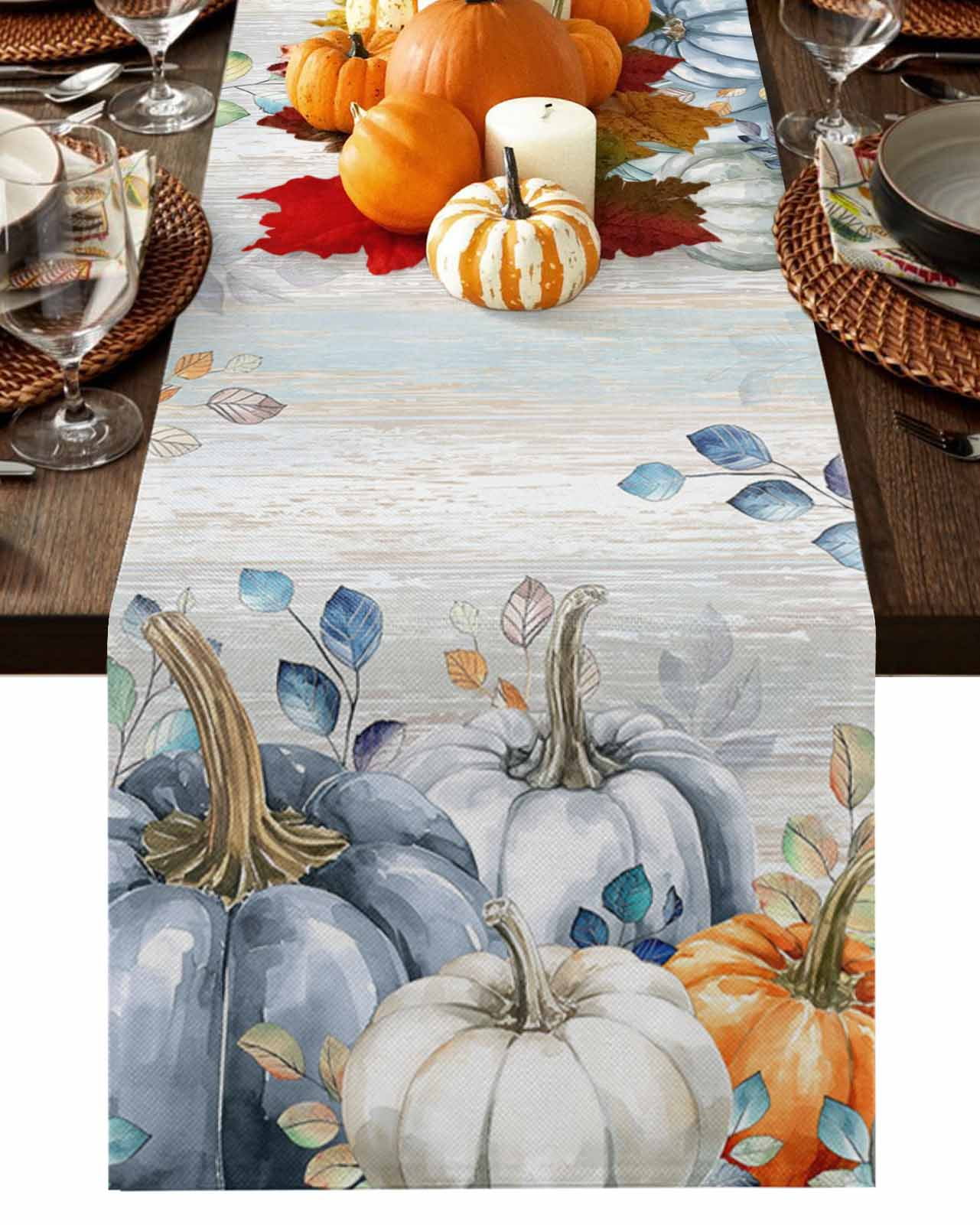 Fall Table Runner Thanksgiving Blue Eucalyptus Leaves Pumpkin Table ...