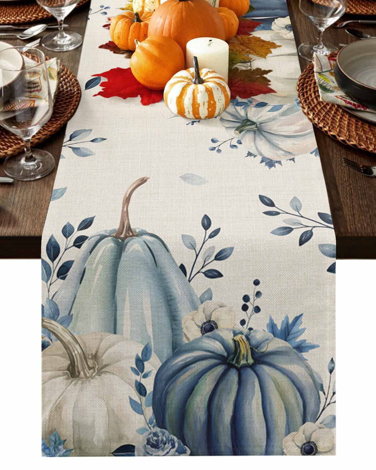 Fall Table Runner Thanksgiving Blue White Pumpkin Table Runners Autumn ...