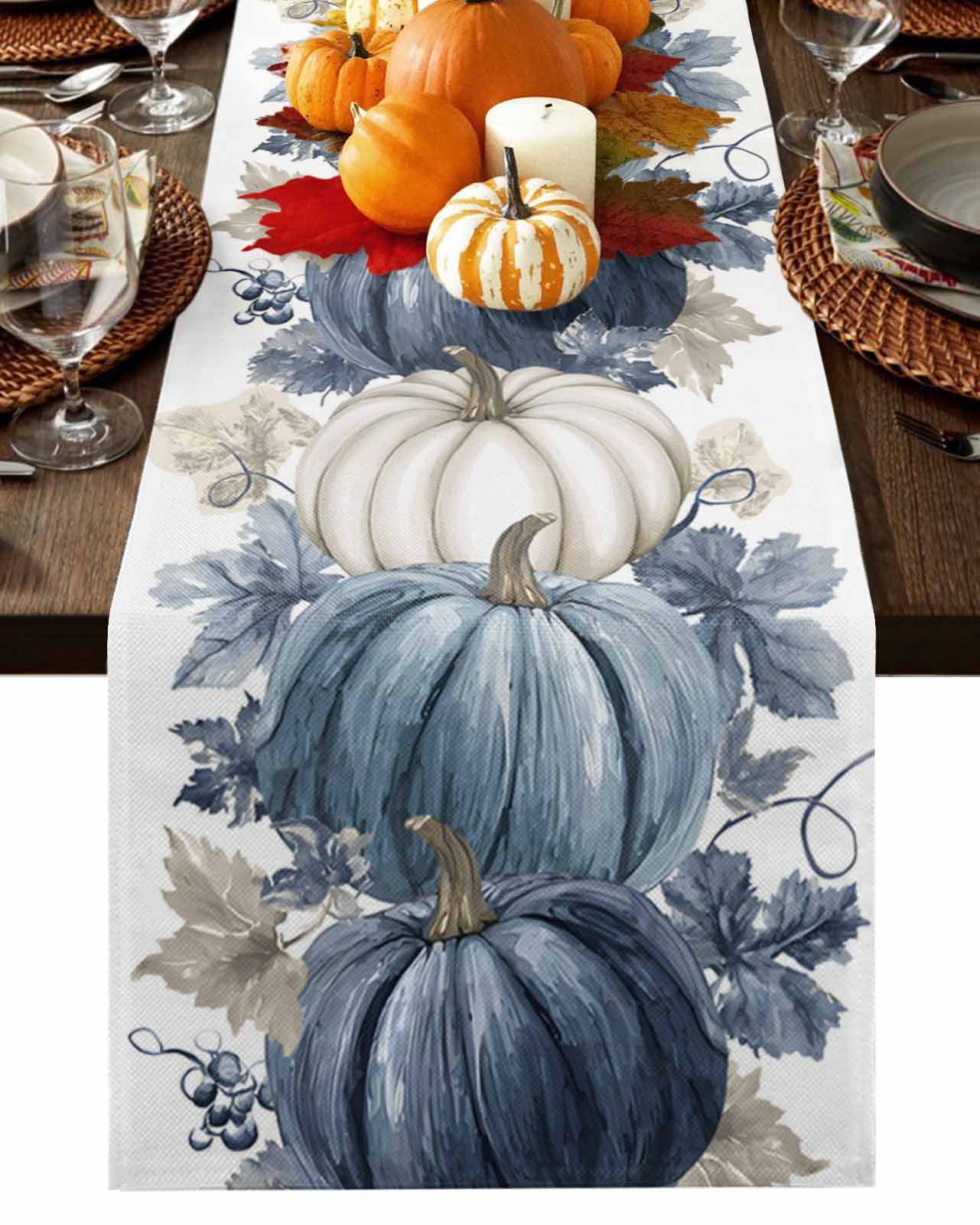 Fall Table Runner Thanksgiving Blue White Pumpkin Table Runners Autumn ...