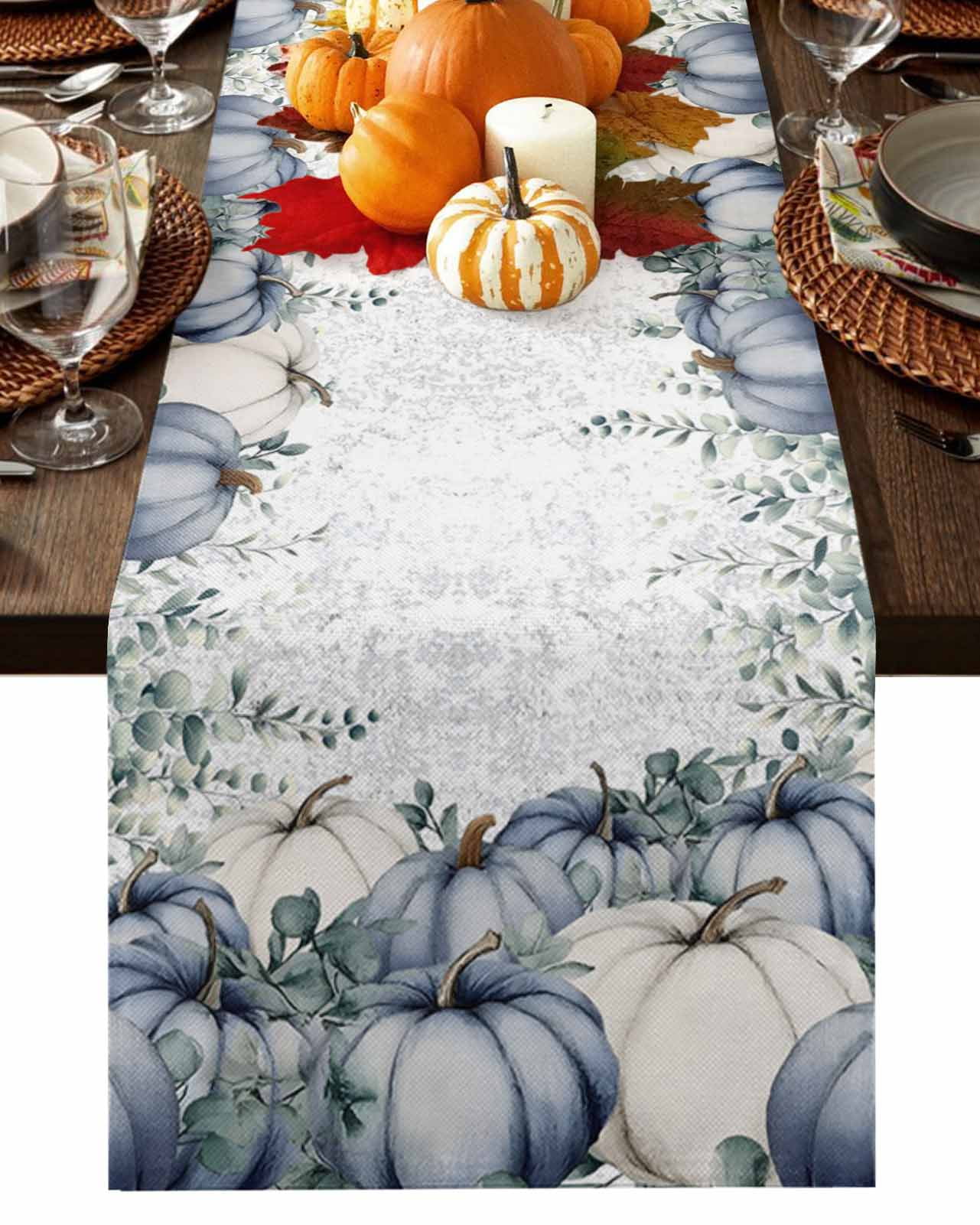 Fall Table Runner Thanksgiving Blue White Pumpkin Table Runners Green ...