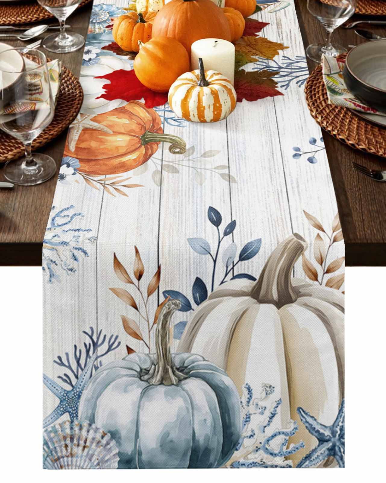 Fall Table Runner Thanksgiving Blue White Pumpkin Table Runners ...