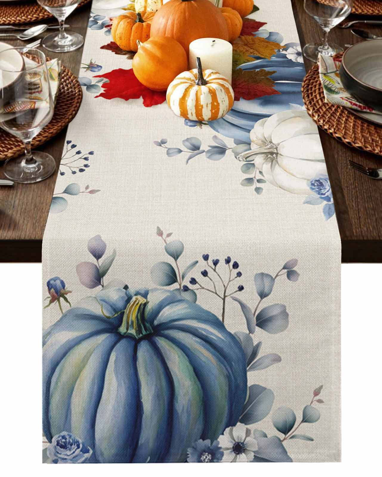 Fall Table Runner Thanksgiving Blue White Pumpkins Table Runners Autumn ...