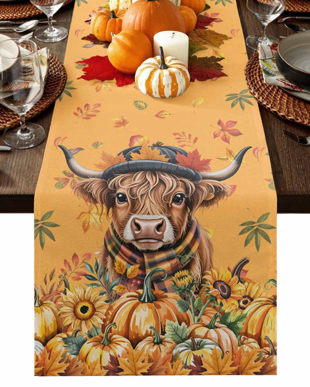 Fall Table Runner Thanksgiving Cow Pumpkin Table Runners Sunflower ...
