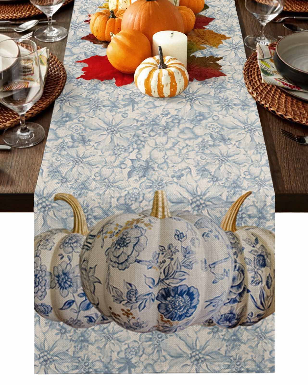 Fall Table Runner Thanksgiving Flowers Pumpkin Table Runners Blue ...