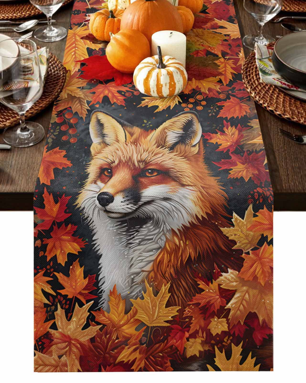 Fall Table Runner Thanksgiving Fox Table Runners Orange Maple Leaves ...