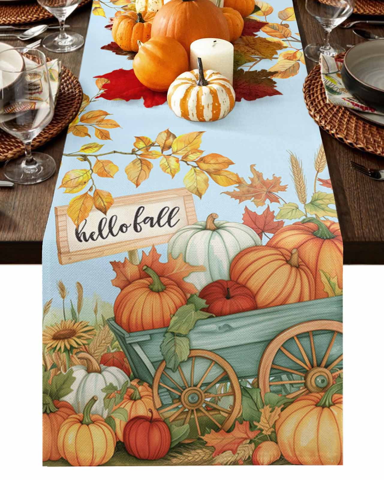 Fall Table Runner Thanksgiving Hand Drawn Pumpkin Table Runners Maple ...