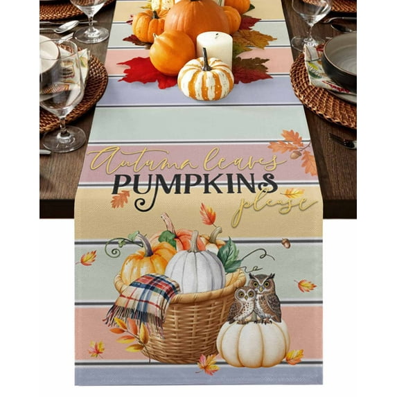Fall Table Runner Thanksgiving Harvest Pumpkin Basket Table Runners Owl Maple Leaves Stripes ...