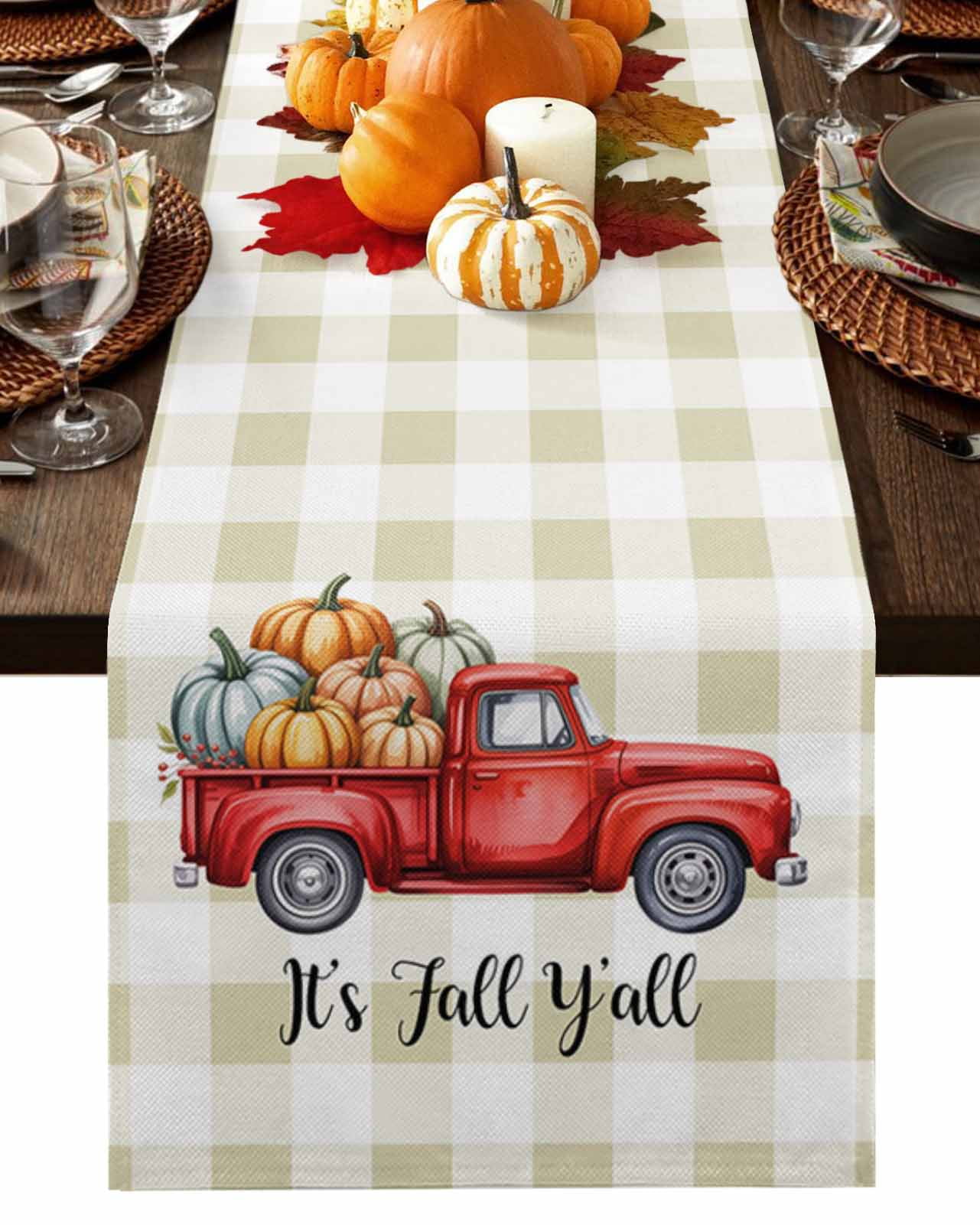 Fall Table Runner Thanksgiving Harvest Pumpkin Red Truck Table Runners ...