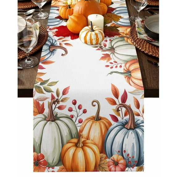 Fall Table Runner Thanksgiving Harvest Pumpkin Table Runners Berry Fallen Eucalyptus Leaves ...