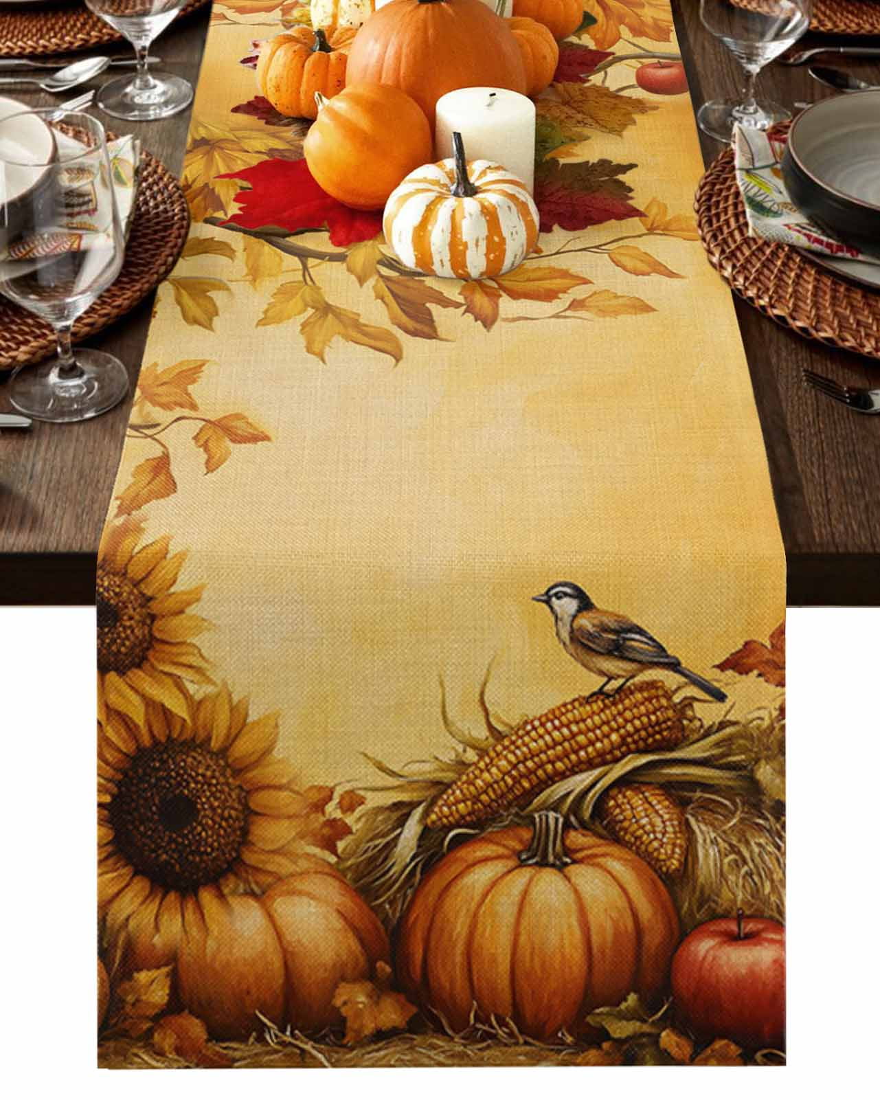 Fall Table Runner Thanksgiving Harvest Pumpkin Table Runners Bird Corn ...