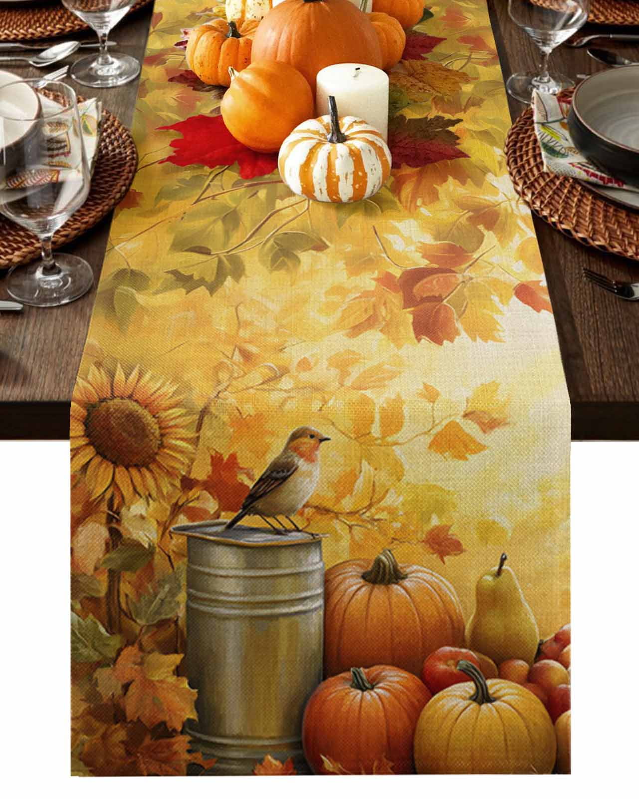Fall Table Runner Thanksgiving Harvest Pumpkin Table Runners Bird ...