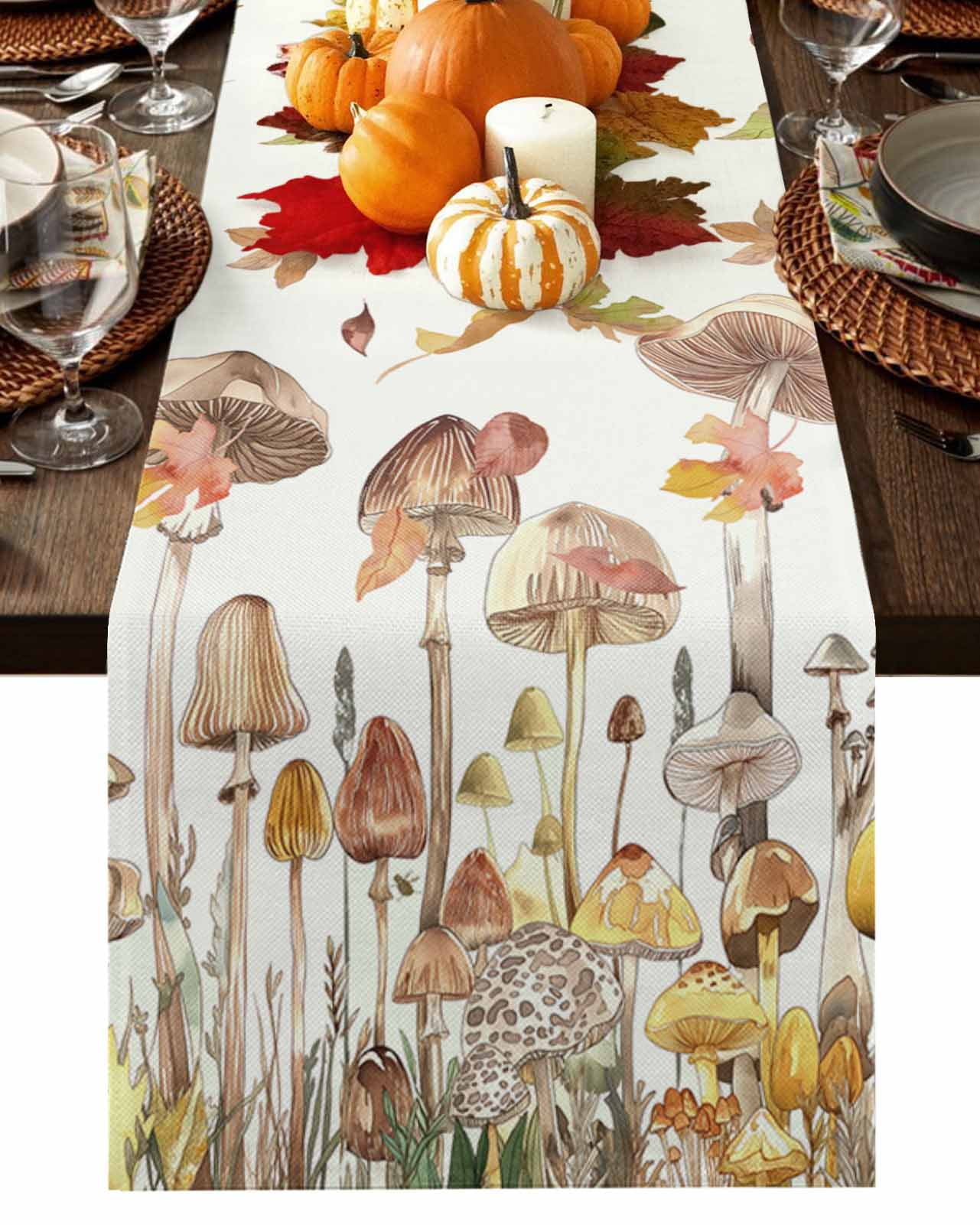Fall Table Runner Thanksgiving Mushroom Maple Leaf Table Runners ...