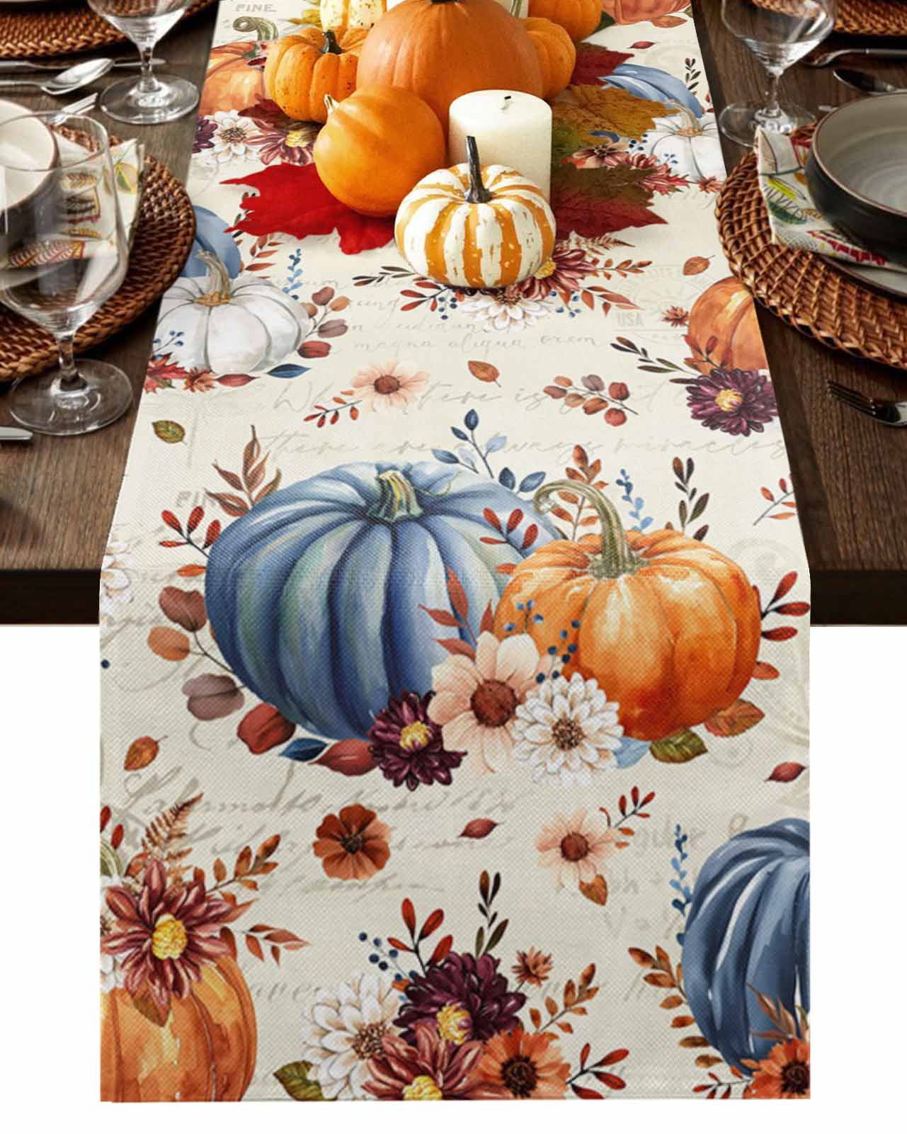 Fall Table Runner Thanksgiving Orange Blue Pumpkin Table Runners Autumn ...