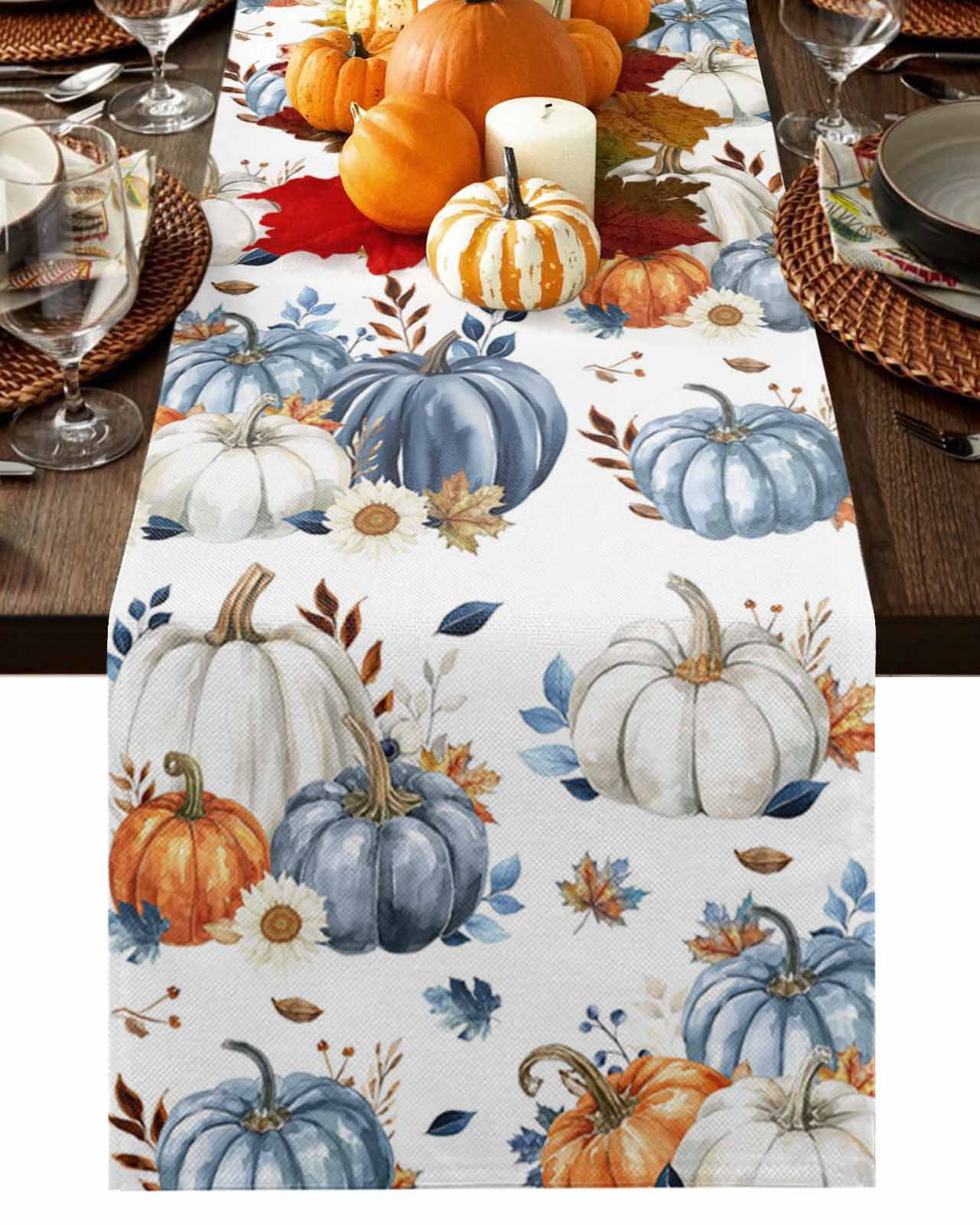 Fall Table Runner Thanksgiving Orange Blue White Pumpkin Table Runners ...