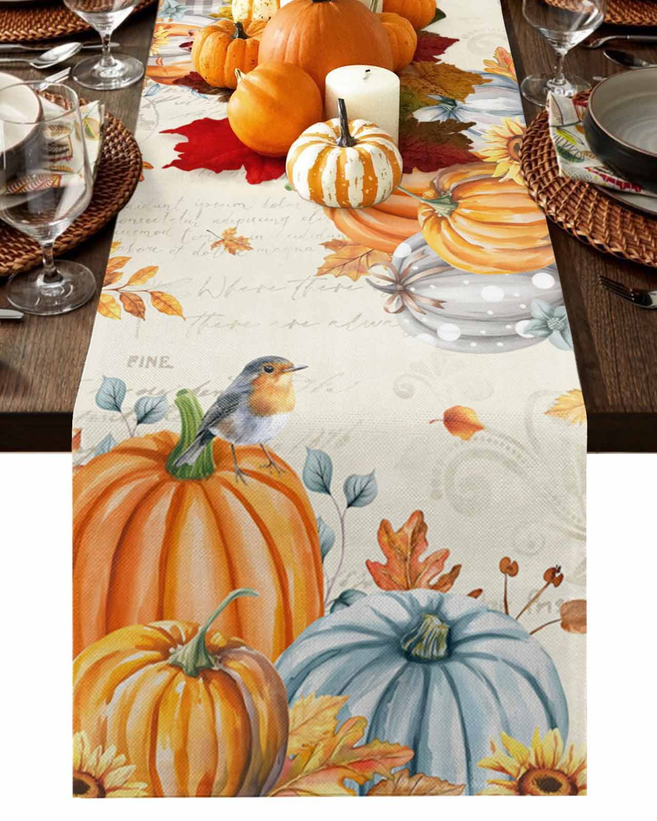 Fall Table Runner Thanksgiving Orange Plaid Pumpkin Table Runners Bird Sunflower Maple Leaf ...