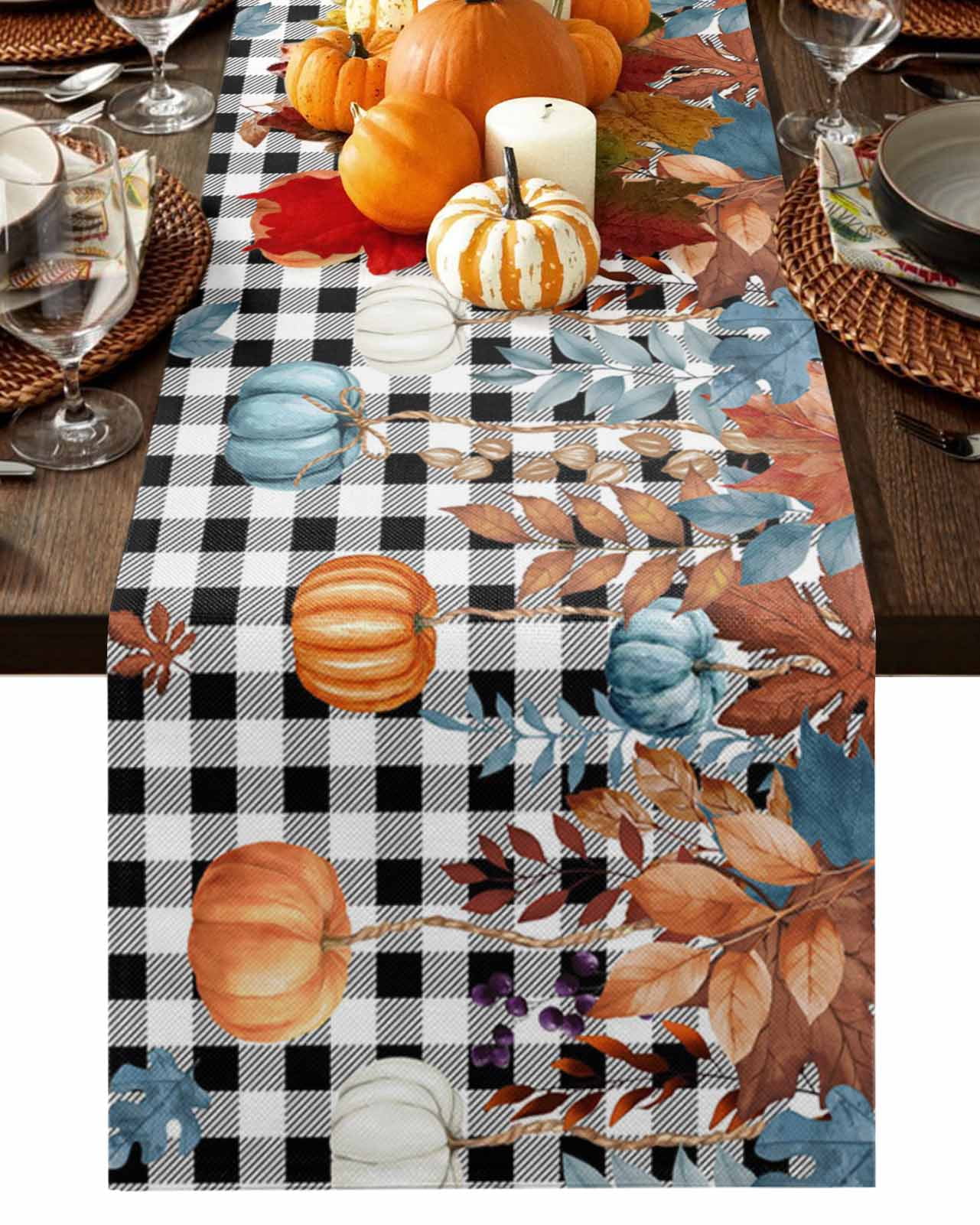 Fall Table Runner Thanksgiving Orange Pumpkin Table Runners Blue Autumn ...