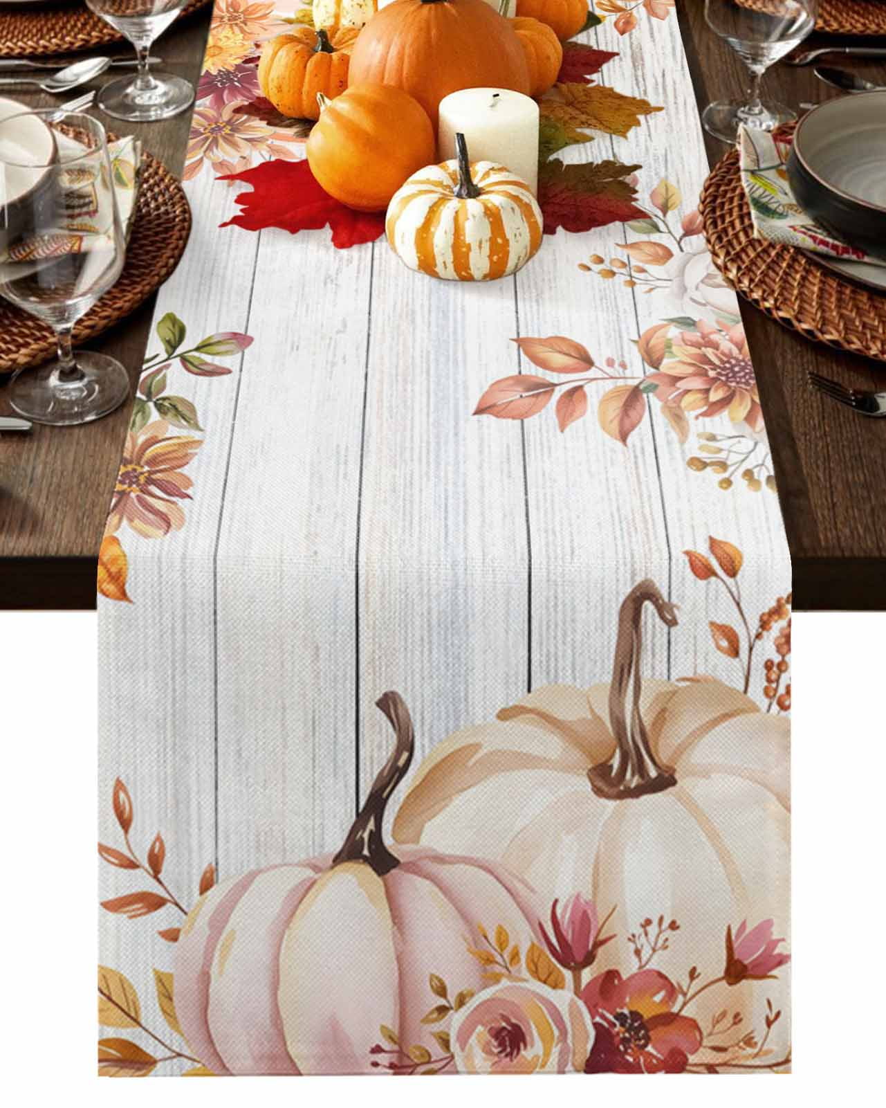 Fall Table Runner Thanksgiving Pink Floral Pumpkins Table Runners ...
