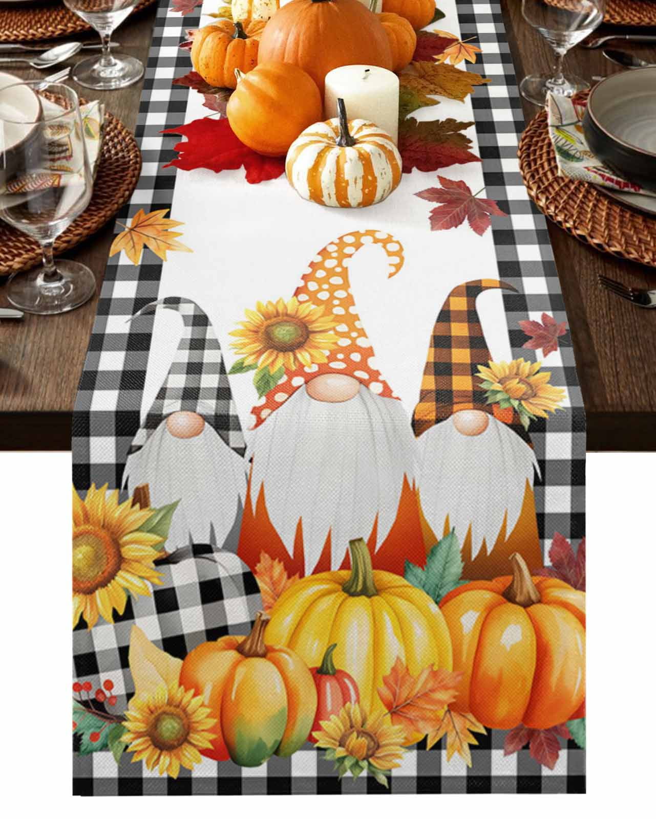 Fall Table Runner Thanksgiving Plaid Gnome Table Runners Orange Pumpkin ...