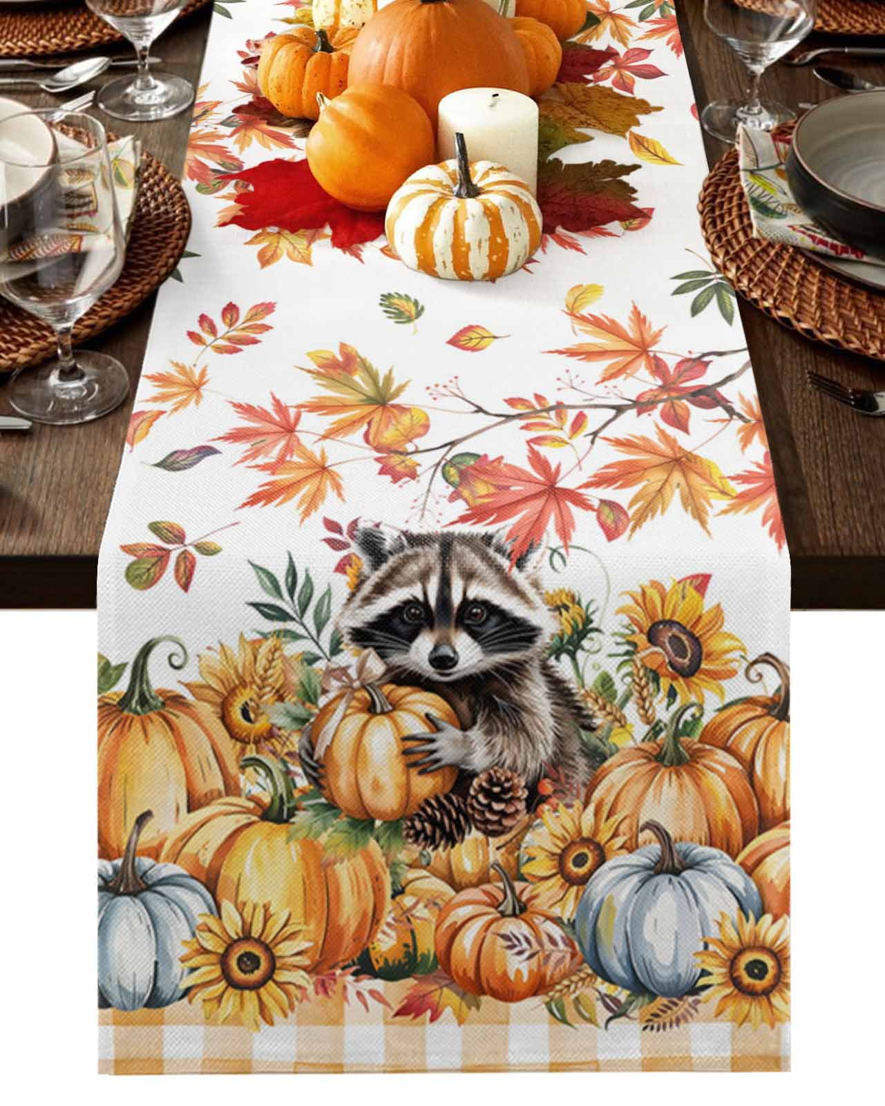 Fall Table Runner Thanksgiving Pumpkin Raccoon Table Runners Sunflower ...