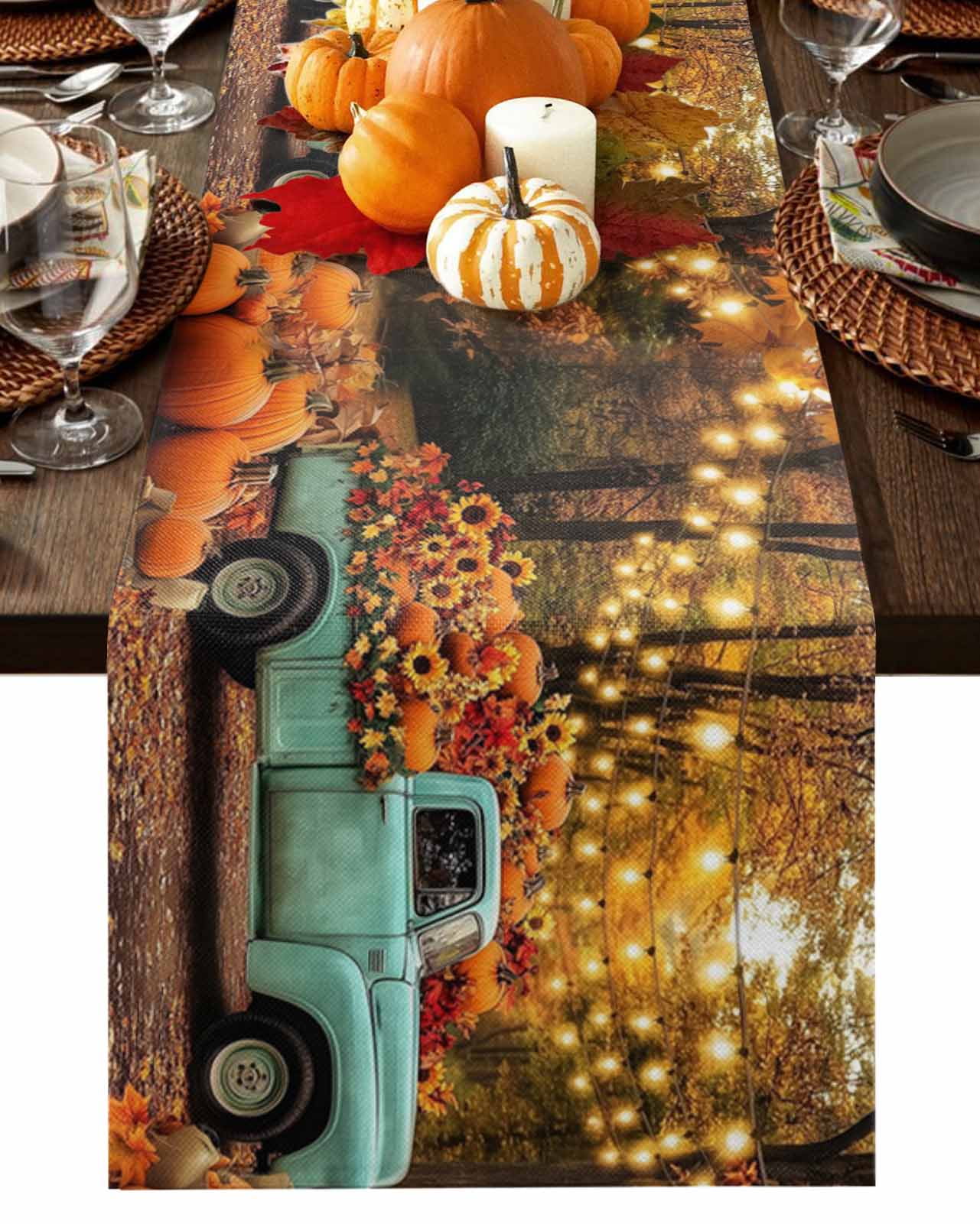 Fall Table Runner Thanksgiving Pumpkin Sunflower Truck Table Runners ...