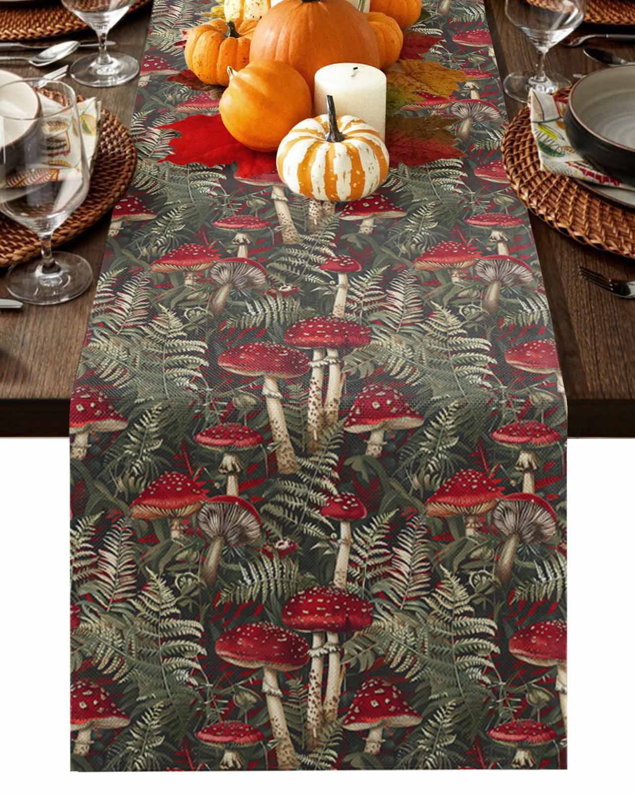Fall Table Runner Thanksgiving Red Mushroom Table Runners Green Fern ...