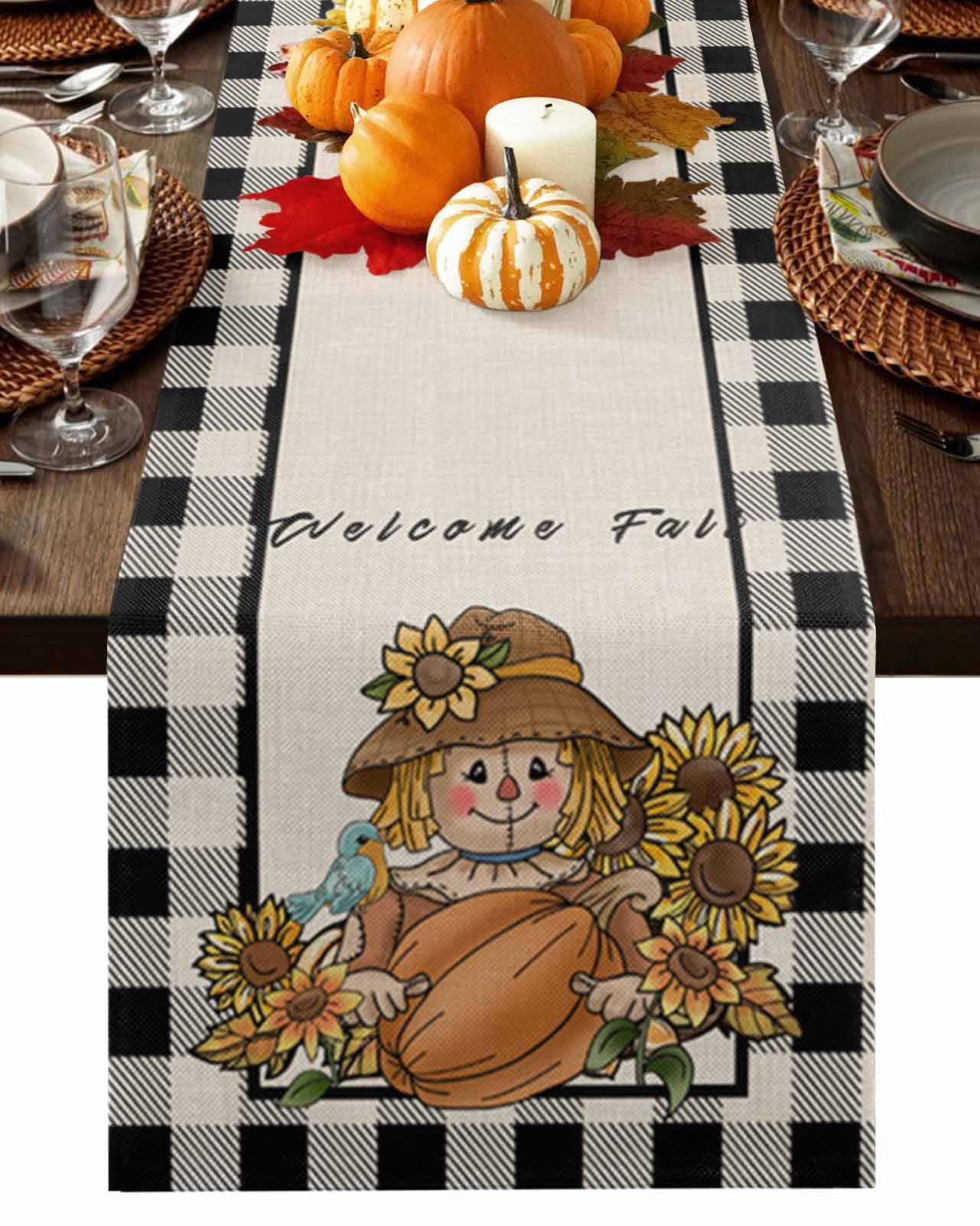Fall Table Runner Thanksgiving Scarecrow Sunflower Pumpkin Table ...