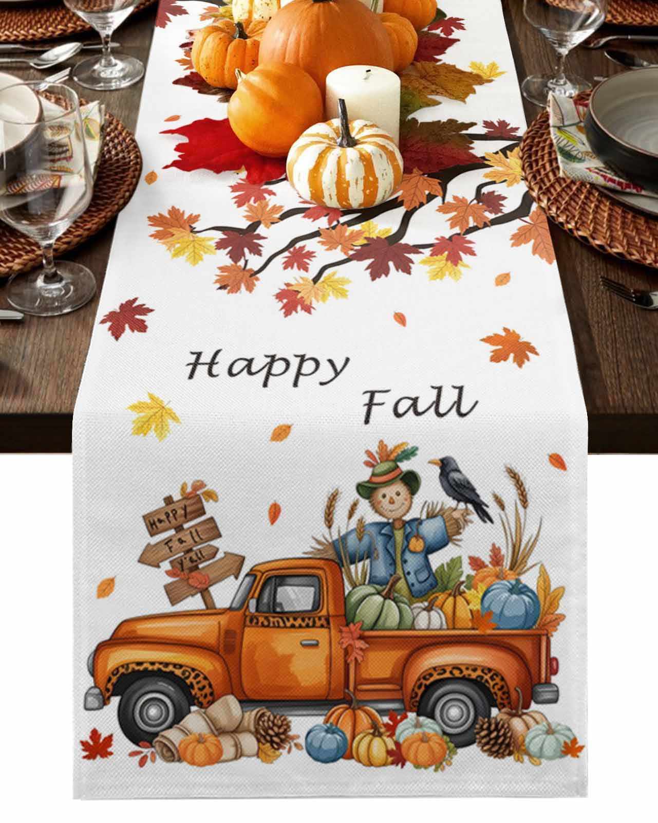 Fall Table Runner Thanksgiving Scarecrows Pumpkin Truck Table Runners ...
