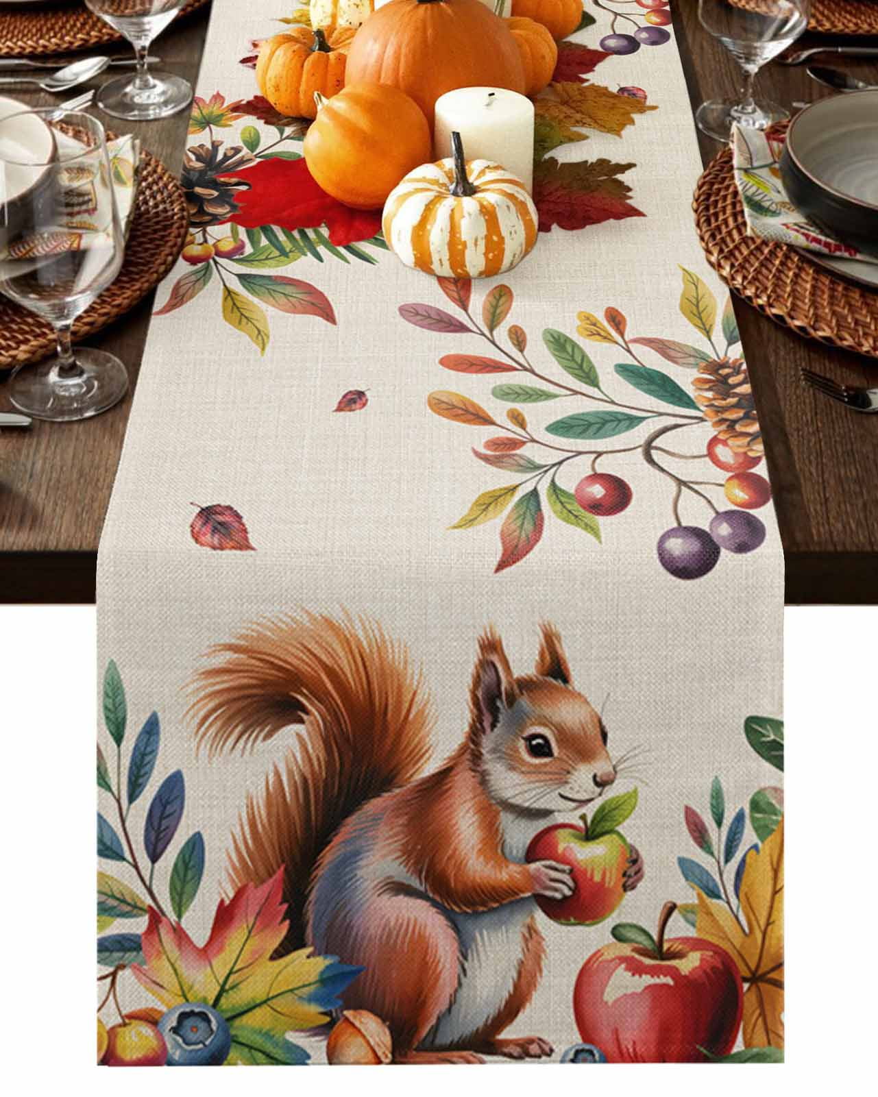 Fall Table Runner Thanksgiving Squirrel Table Runners Pine Cone Berry ...