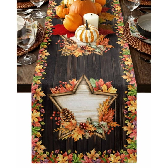 Fall Table Runner Thanksgiving Stars Maple Leaf Table Runners Berry Pine Cone Wood Cotton Linen ...