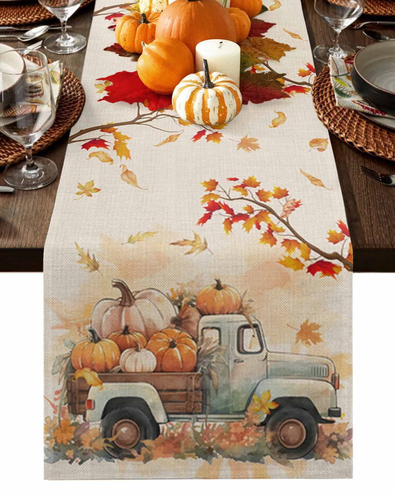Fall Table Runner Thanksgiving Truck Pumpkin Table Runners Maple Leaf ...