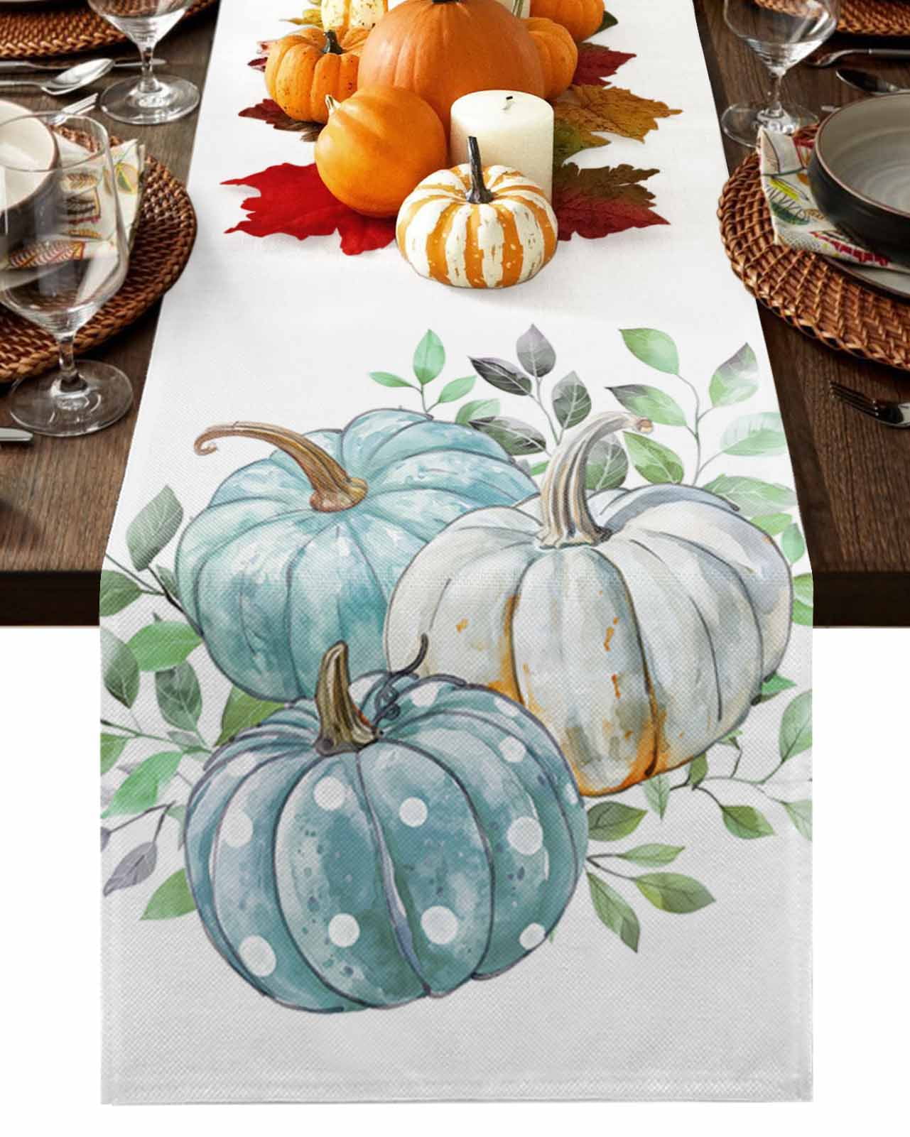 Fall Table Runner Thanksgiving Turquoise White Watercolor Pumpkin Table ...