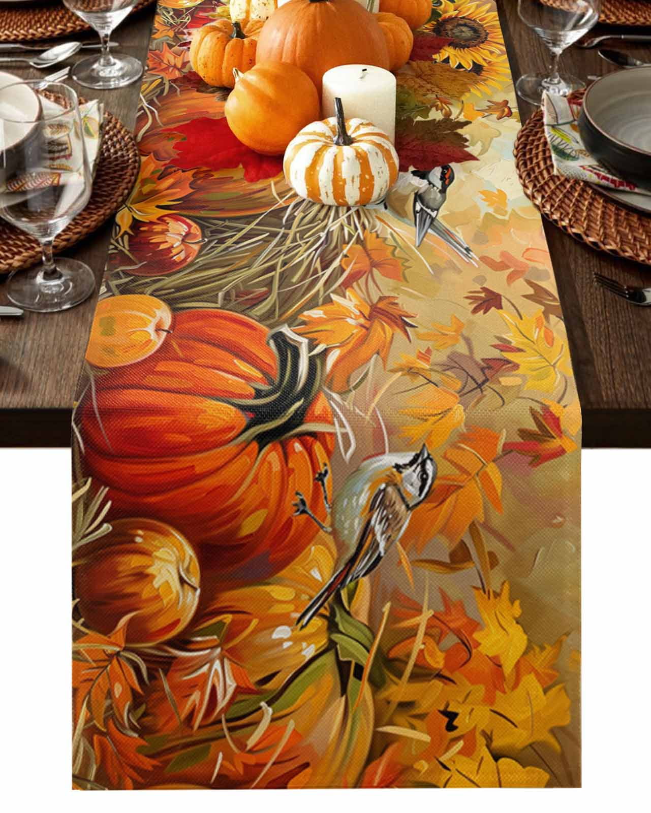 Fall Table Runner Thanksgiving Watercolor Bird Pumpkin Table Runners ...