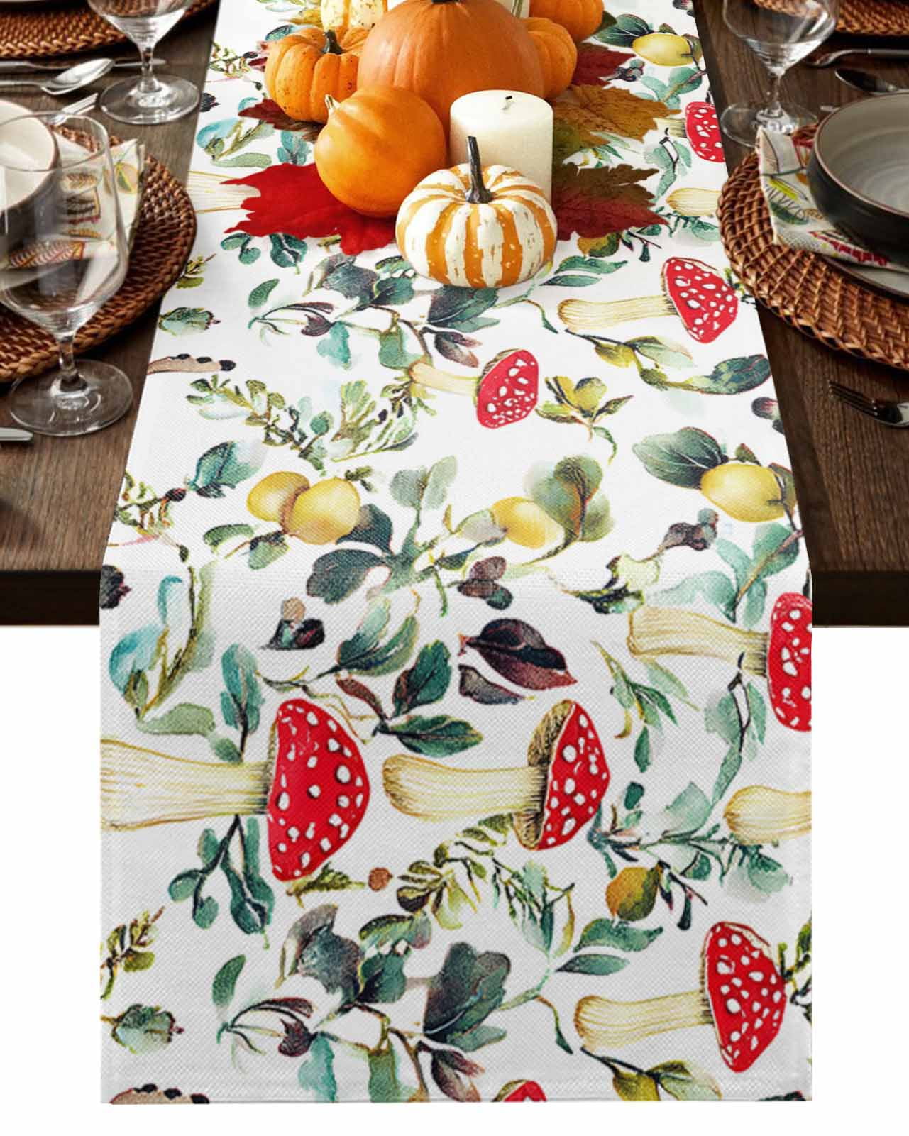 Fall Table Runner Thanksgiving Watercolor Mushroom Leaf Table Runners ...