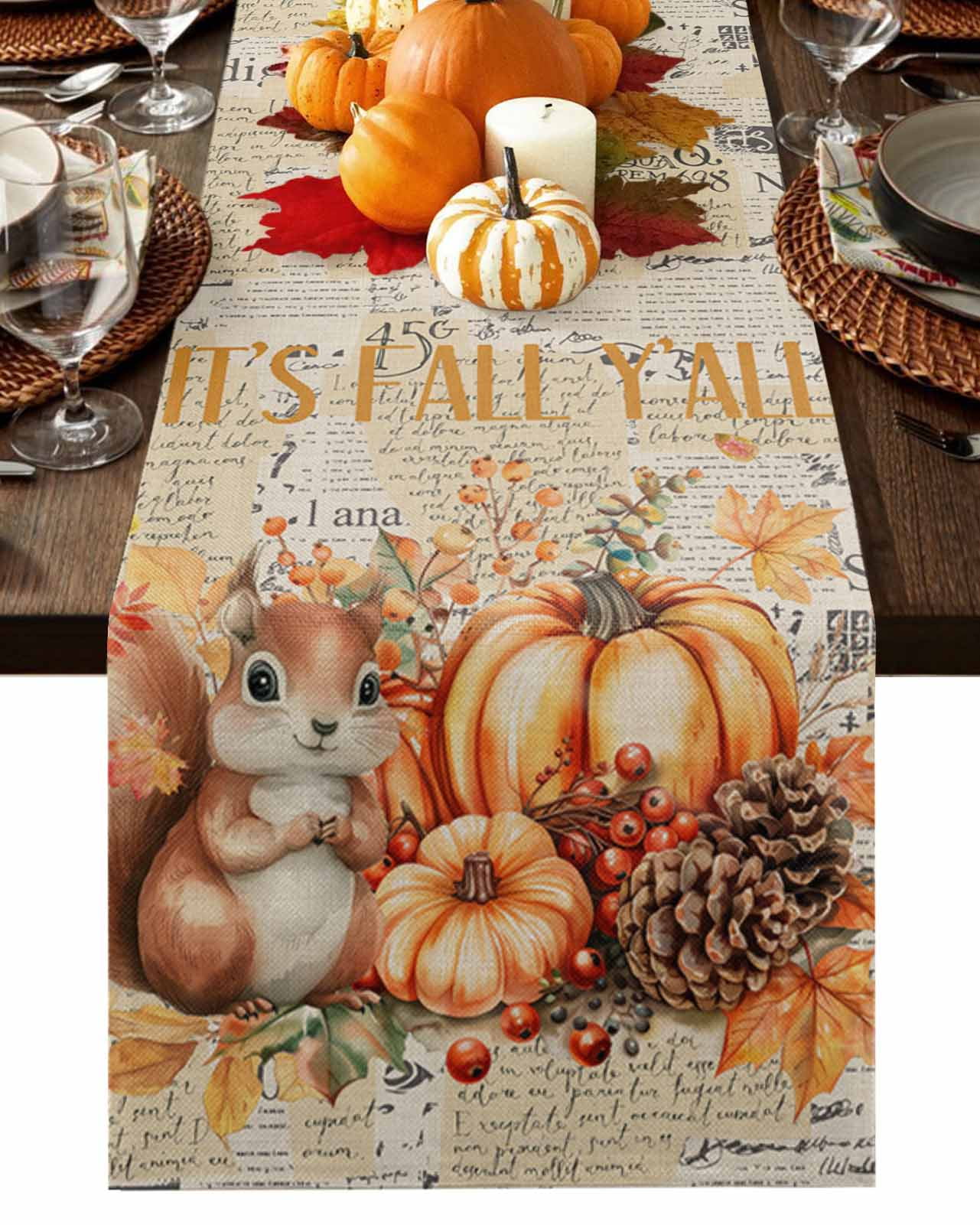 Fall Table Runner Thanksgiving Watercolor Squirrel Pine Cone Table ...