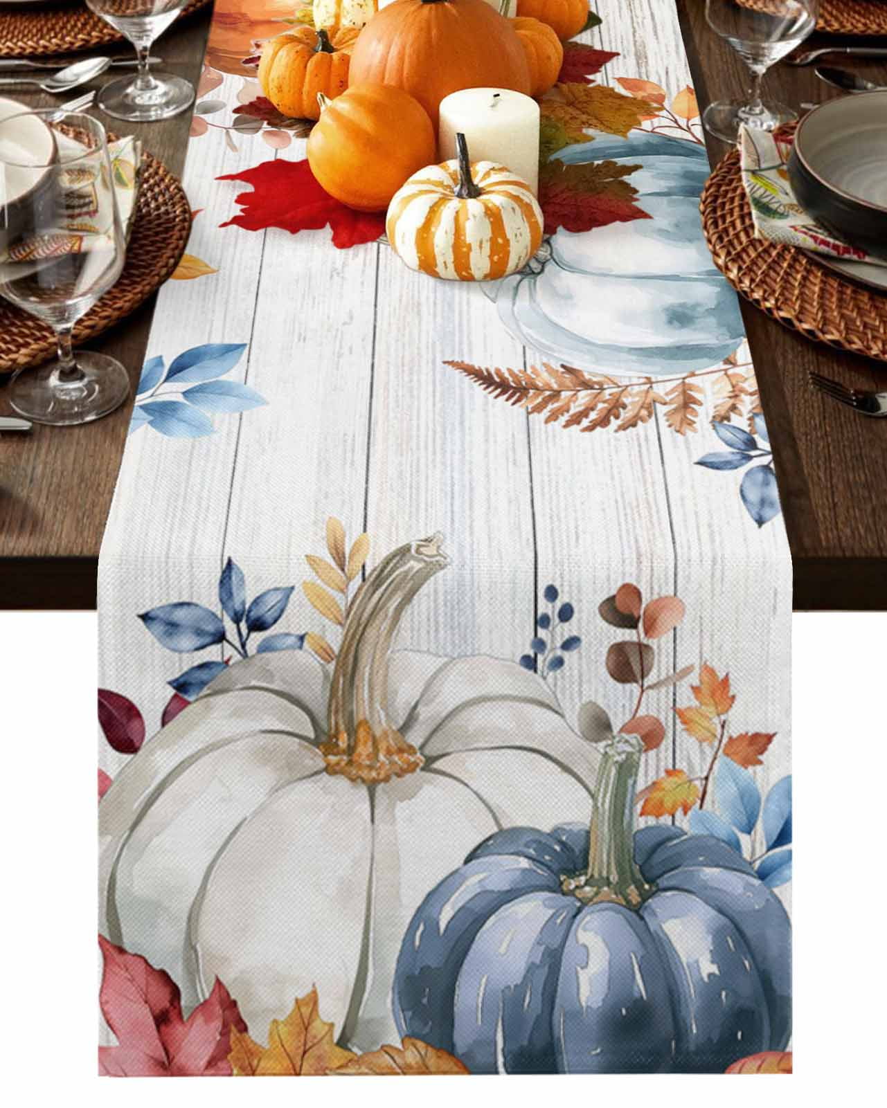 Fall Table Runner Thanksgiving White Orange Pumpkin Table Runners Blue ...