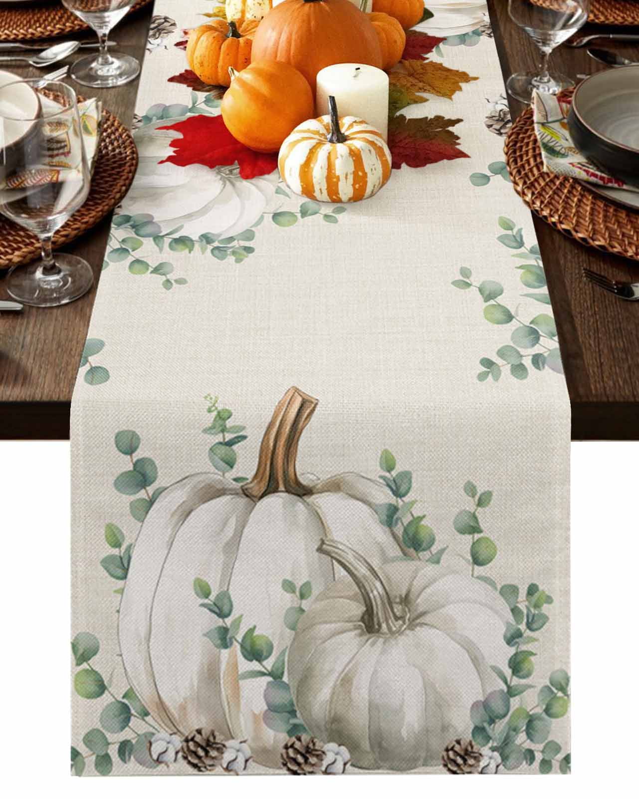 Fall Table Runner Thanksgiving White Pumpkin Table Runners Pine Cones ...