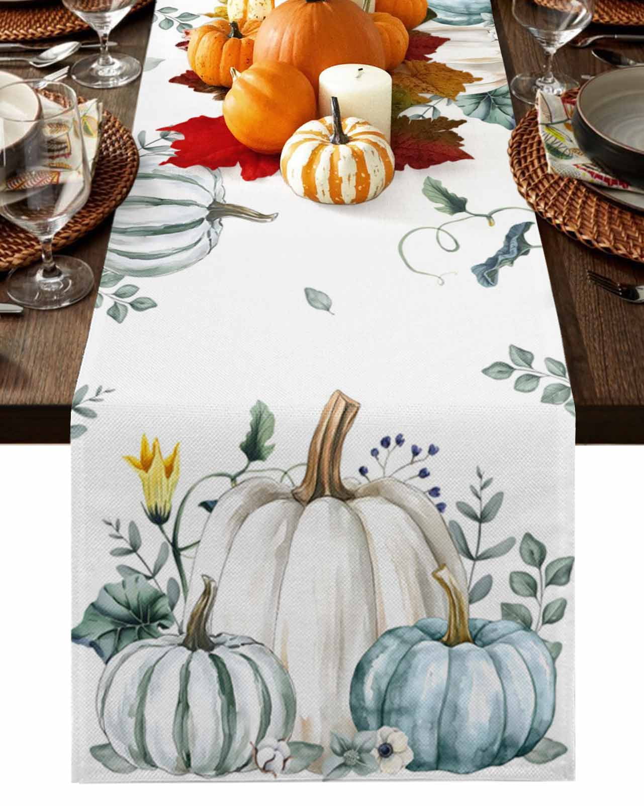 Fall Table Runner Thanksgiving White Teal Blue Pumpkin Table Runners ...
