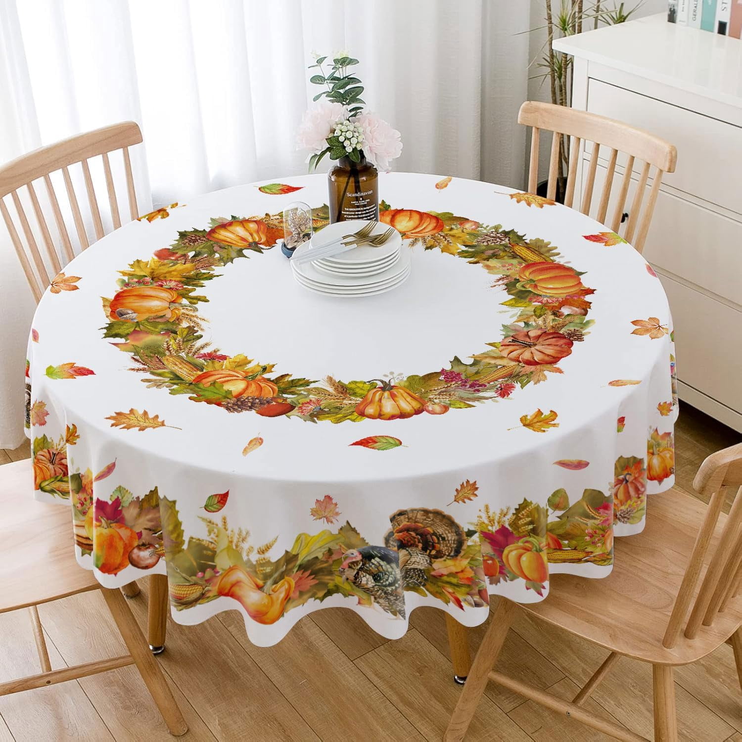 Fall Tablecloth, Autumn Turkey Maple Leaves Pumpkin Table Cloth ...