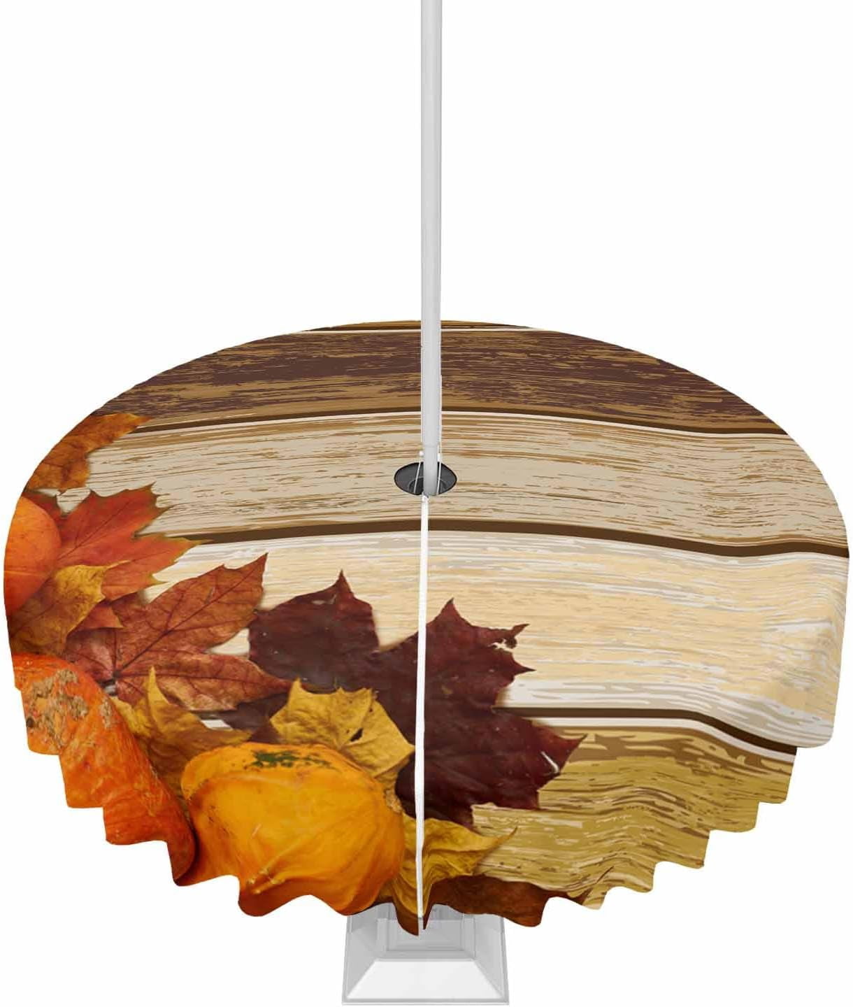 Fall Tablecloth with Umbrella Hole and Zipper Autumn Maple Leaves Round ...