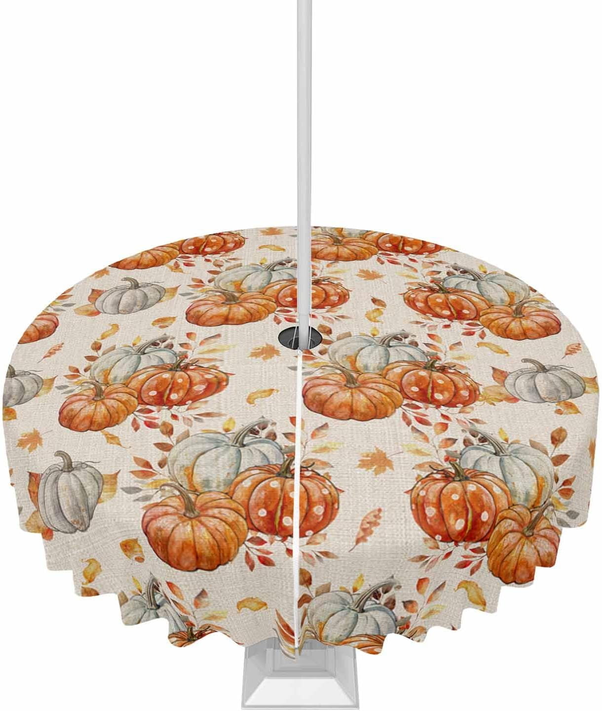 Fall Tablecloth with Umbrella Hole and Zipper White Orange Pumpkin ...