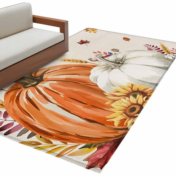 Fall Thanksgiving 3'x5' Washable Rug, Orange White Pumpkin Farmhouse ...