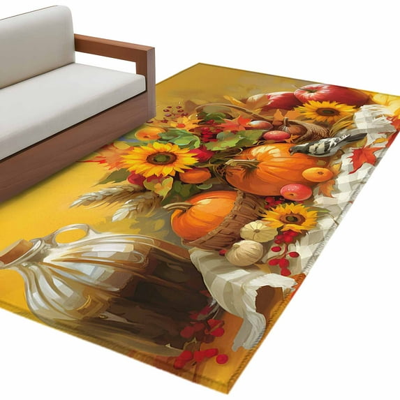 Fall Thanksgiving 3'x5' Washable Rug, Pumpkins Birds Sunflower Oil ...