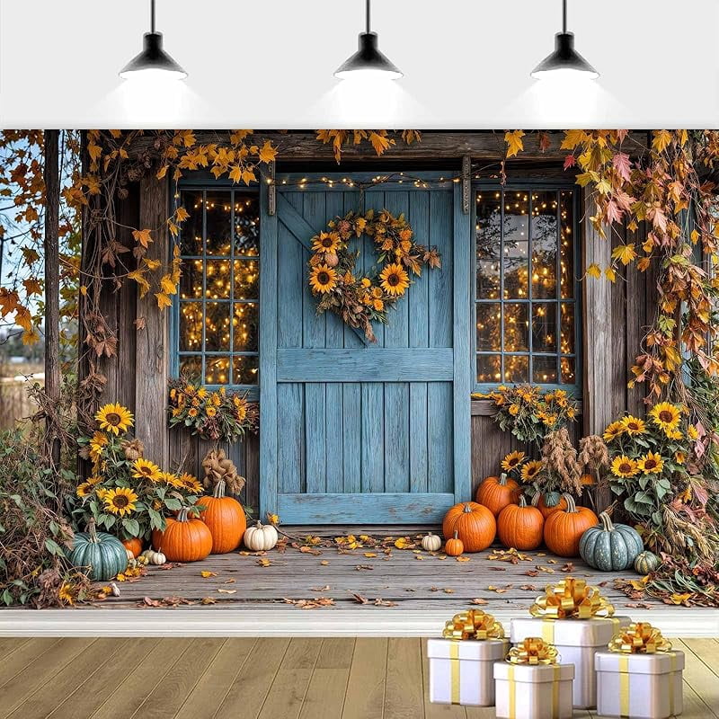 Fall Thanksgiving Backdrop Pumpkin Farmhouse Barn Door Background ...