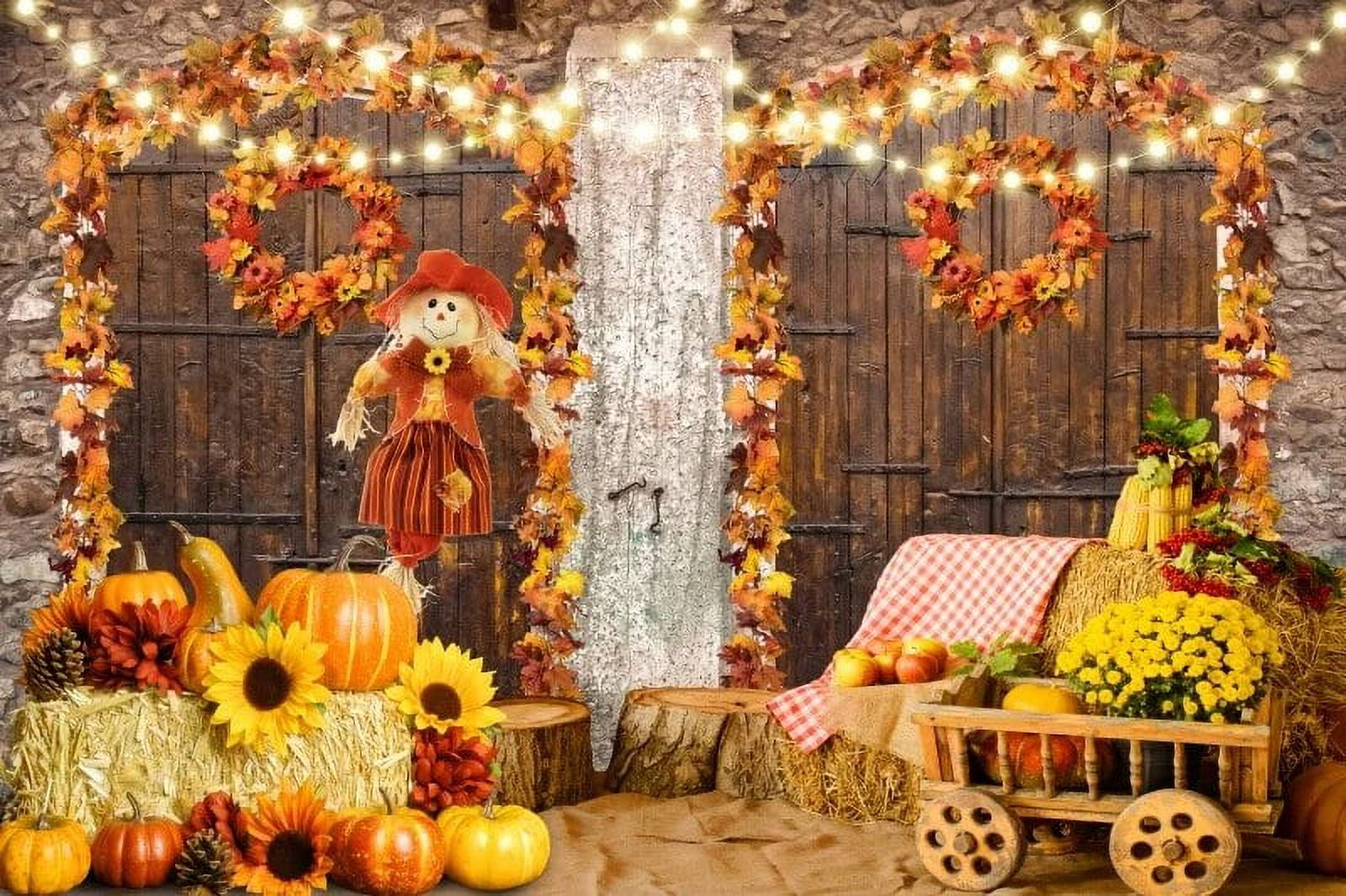 Fall Thanksgiving Backdrop Rustic Wood Door Harvest Autumn Pumpkins ...