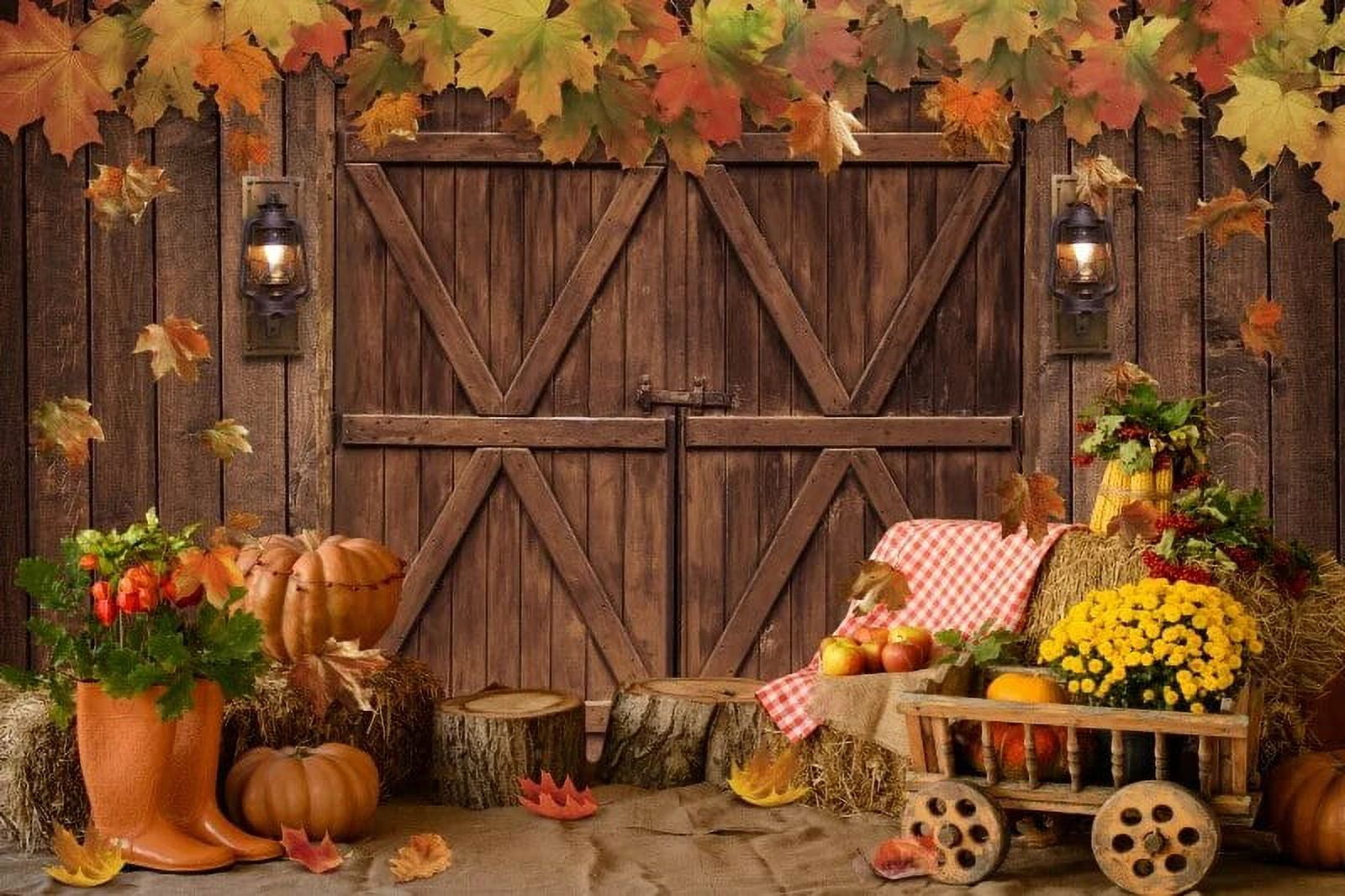 Fall Thanksgiving Backdrop Rustic Wood Door Harvest Autumn Pumpkins ...