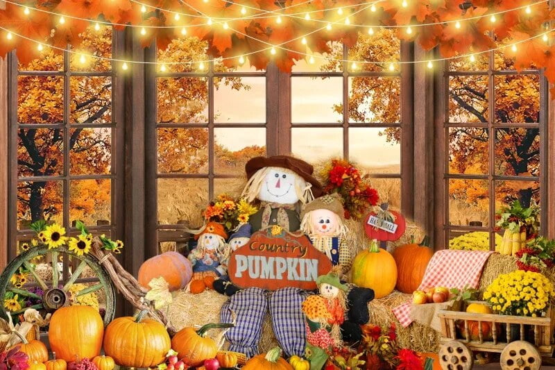 Fall Thanksgiving Backdrop Rustic Wood Door Harvest Autumn Pumpkins ...